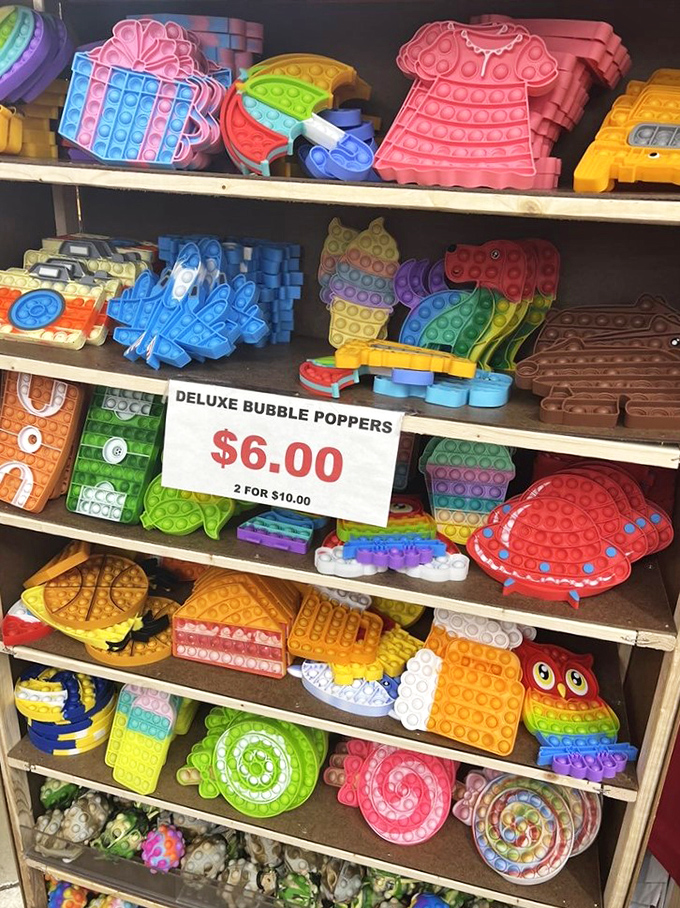 A rainbow explosion of fidget poppers and sensory toys &ndash; proving that even trends of the moment find their place in the flea market ecosystem.