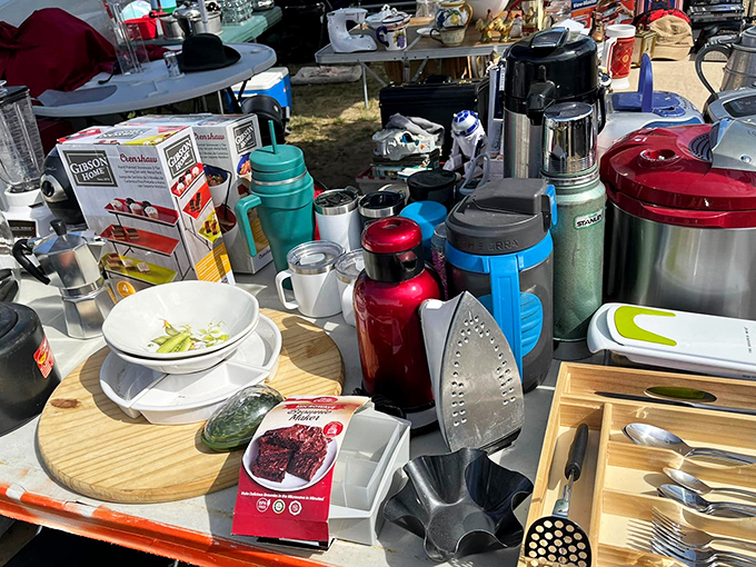 Kitchen essentials mingle democratically on tables where your grandmother's favorite brand meets modern convenience.