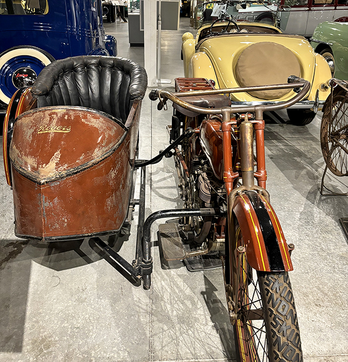 This motorcycle with sidecar arrangement wasn't just transportation&mdash;it was the original "plus one" invitation system for road adventures.