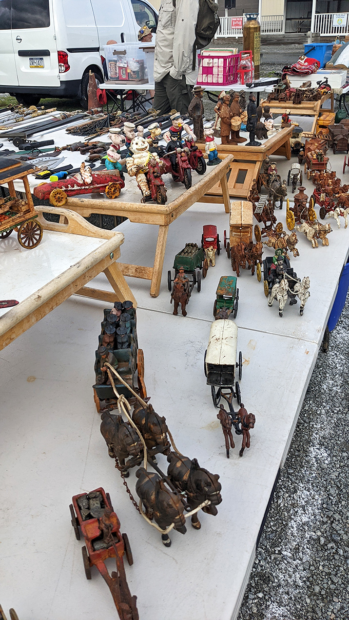 Miniature horse-drawn wagons and cast iron toys tell stories of childhoods long past, when imagination powered the play.