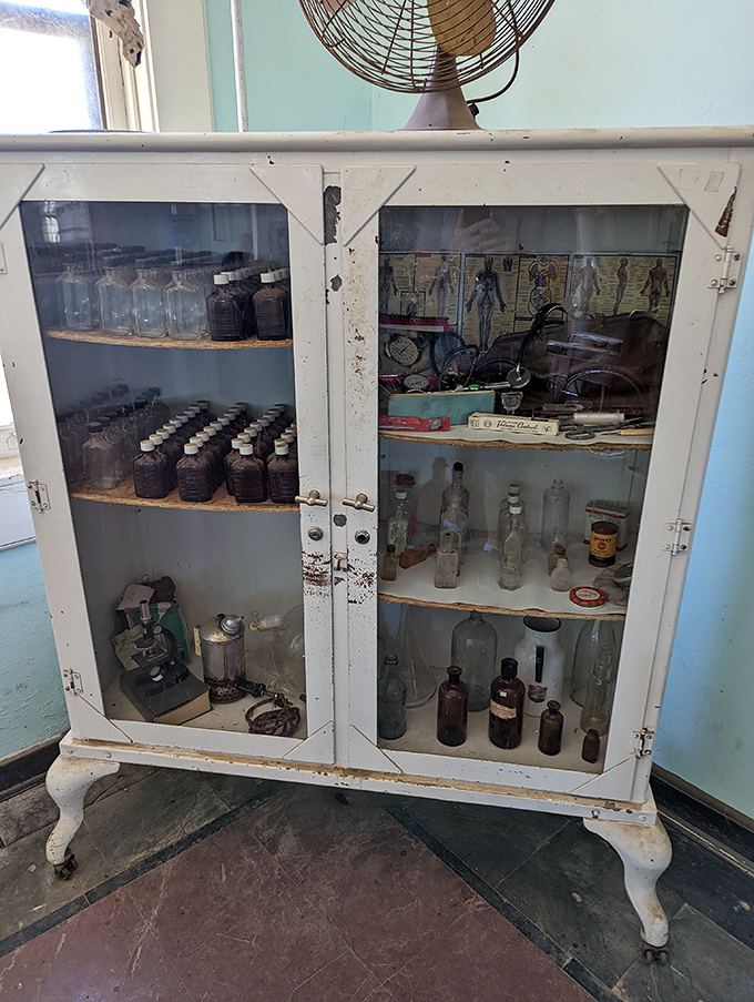The medical cabinet's mysterious bottles and potions look like props from a steampunk apothecary. Early 20th-century healthcare wasn't for the faint-hearted!