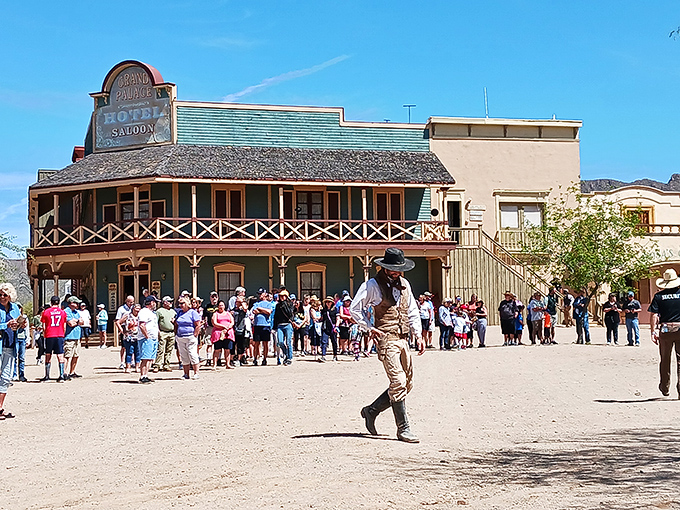 Visitors gather for the main event&mdash;a street showdown where the good guys always win, but not before some spectacular falls and theatrical gunplay.