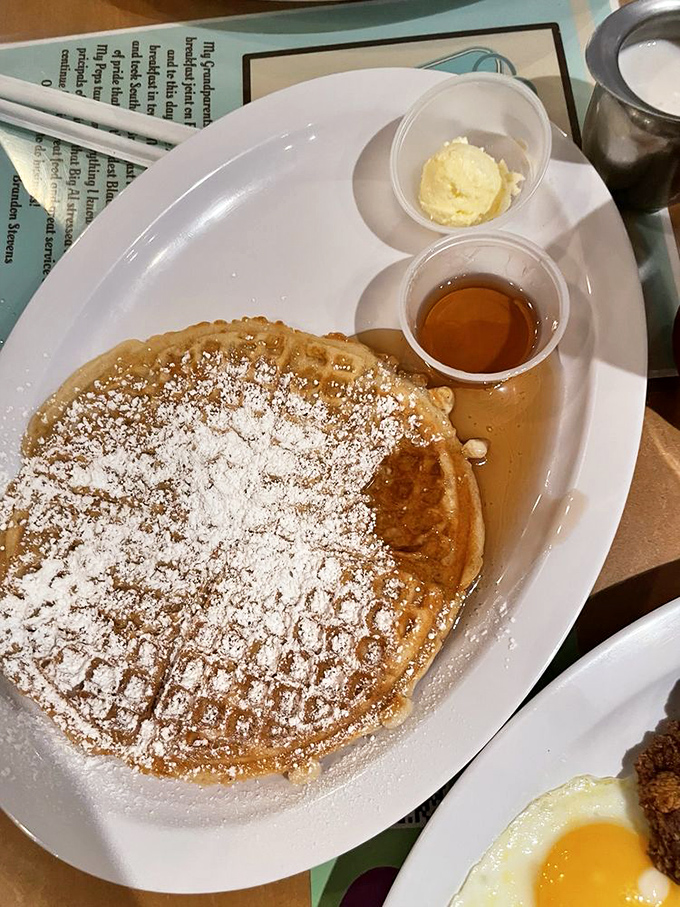 This waffle achieves crispy perfection, dusted with powdered sugar like edible snow on a golden breakfast landscape.