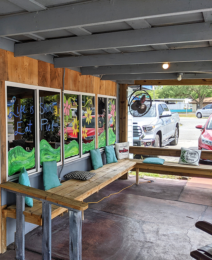 "Life is short. Eat pie." Words to live by painted on the waiting area windows, where turquoise cushions invite you to relax while anticipating culinary happiness.