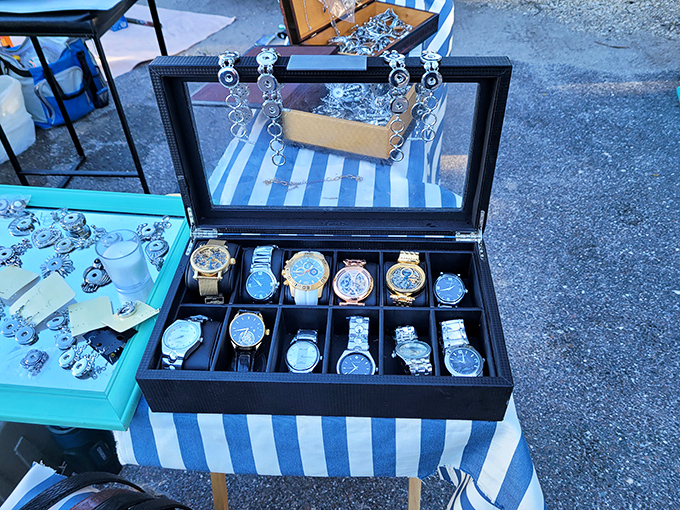 Tick-tock treasure trove! A collection of timepieces waiting for new wrists to adorn. Time literally for sale, no DeLorean required.