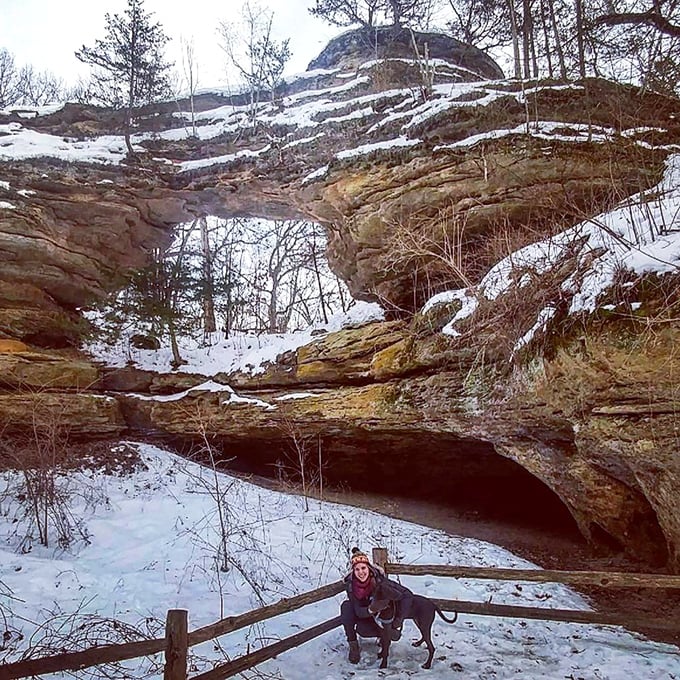 Winter's quiet magic reveals the bridge's true character. Snow transforms this ancient formation into a scene from a Narnia-like fantasy.