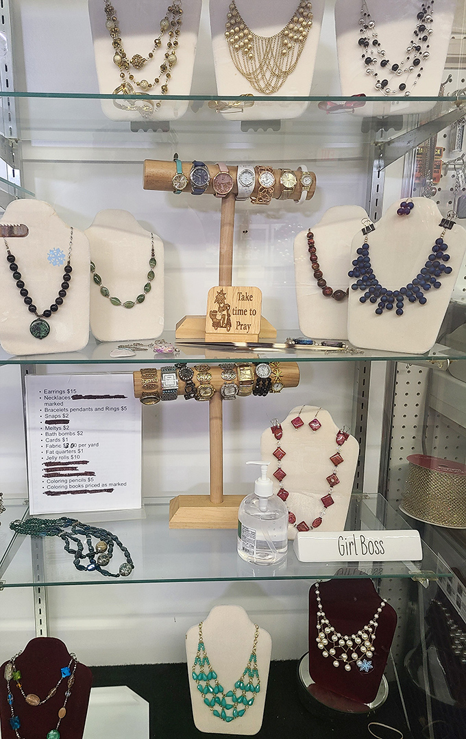 Jewelry displays transform ordinary glass cases into treasure chests, where vintage watches and statement necklaces await their perfect match.