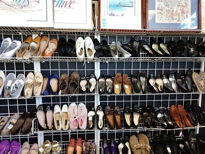 If Imelda Marcos had shopped at thrift stores, her collection might have looked like this impressive wall of barely-worn footwear.