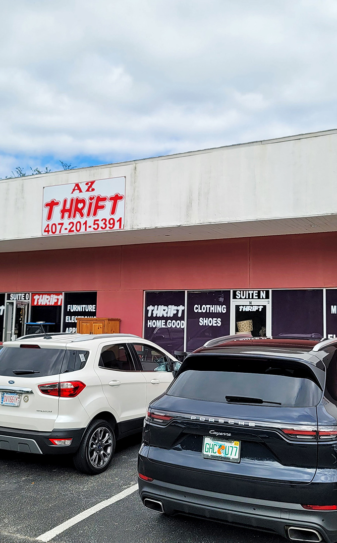 AZ Thrift's straightforward signage and storefront might not win design awards, but the bargains inside are the real stars.