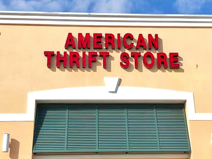 American Thrift's bold red signage pops against its peachy facade. As American as apple pie and bargain hunting!