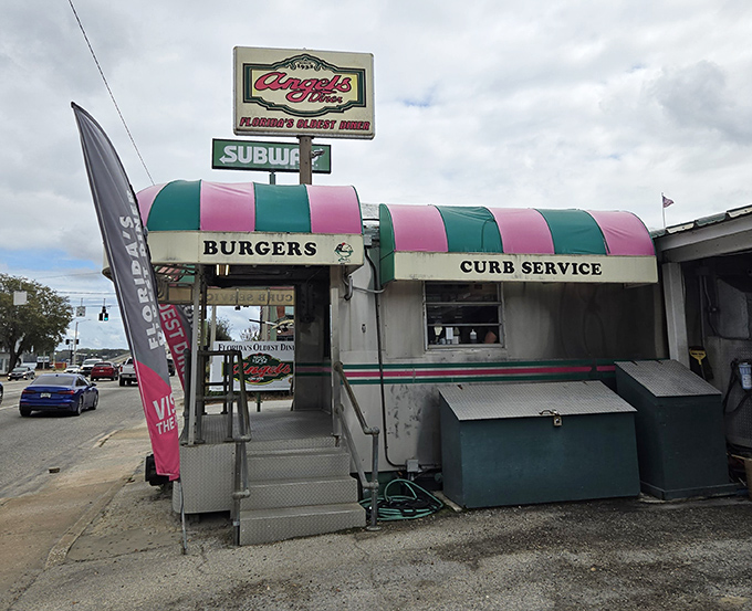Pink and green stripes announce serious shake business at this roadside temple of frozen perfection.