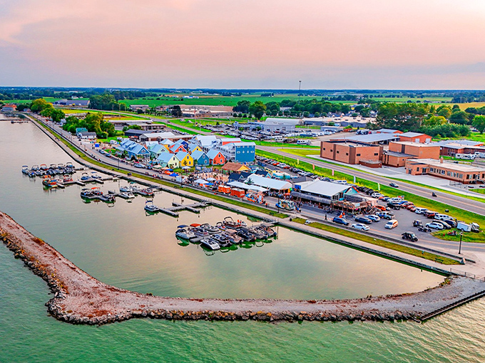 Celina's colorful lakefront buildings pop like a box of crayons against the endless blue.