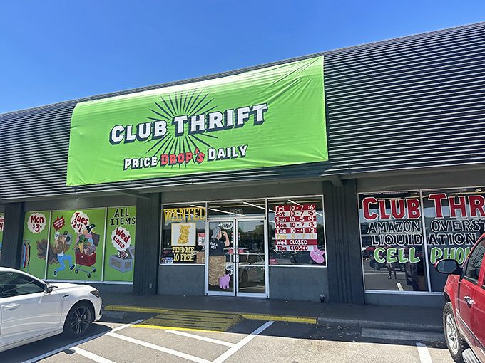 Club Thrift's warehouse exterior in Eugene hints at the bin-diving adventure that awaits inside this unique store.