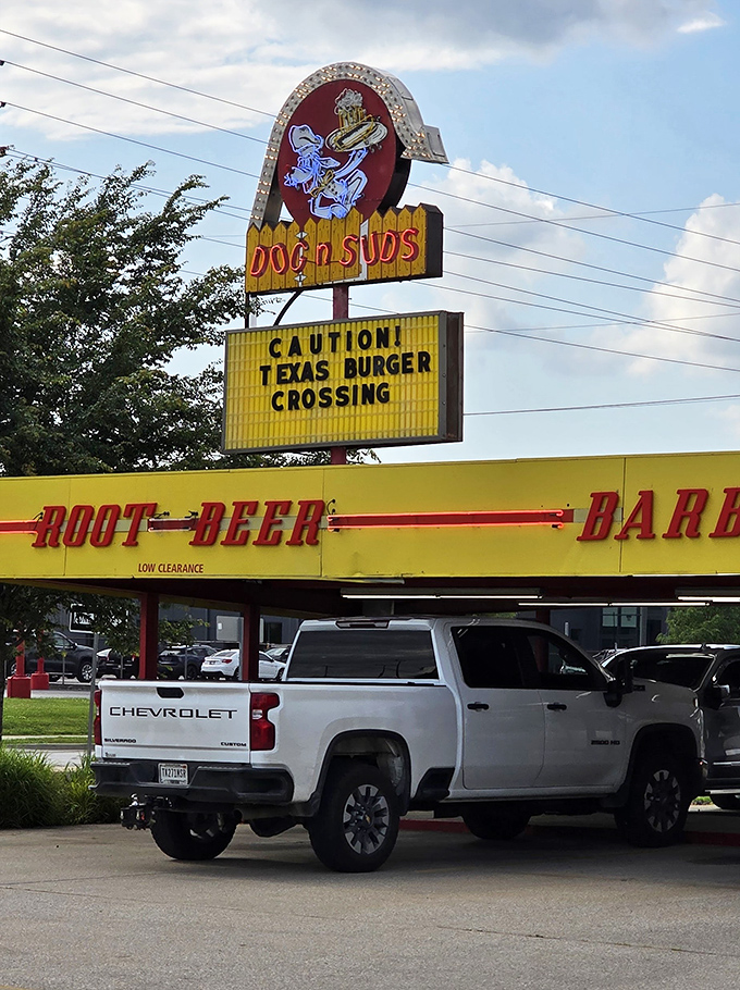 Dog n Suds' vintage sign featuring a cartoon pup is pure Americana. That "CAUTION! TEXAS BURGER CROSSING" warning is your stomach's call to action.