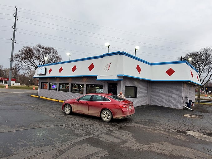 Farmington Diner's distinctive blue trim and diamond pattern&mdash;architectural proof that good taste extends beyond the kitchen.