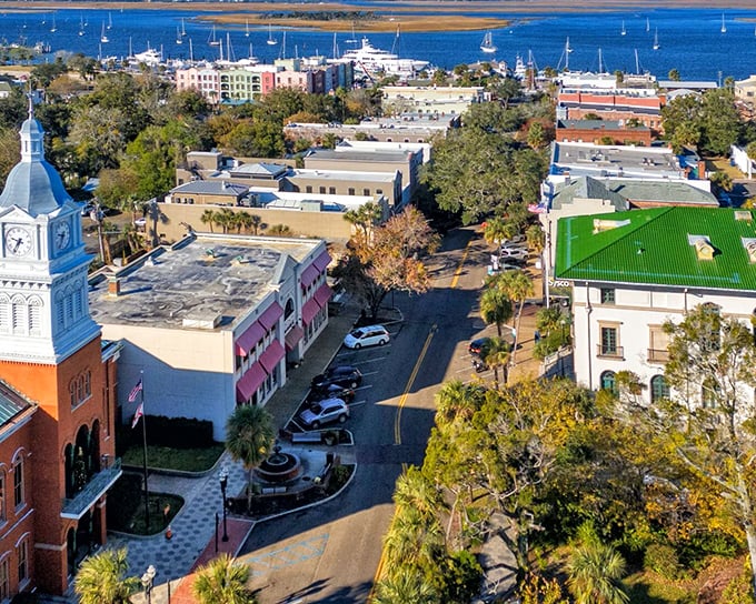 Fernandina Beach's historic downtown glows in late afternoon light. Victorian architecture and palm trees create Florida's perfect odd couple.