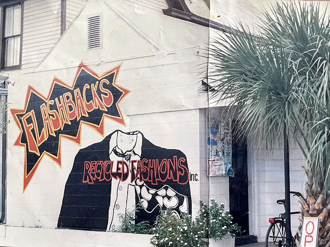 Flashbacks' vintage mural sets the tone for a journey through fashion history. That suit silhouette promises retro treasures inside!