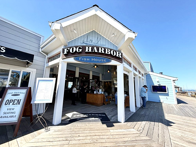 Pier 39's crown jewel sits pretty in blue and white, ready to serve up bay views with every bite.
