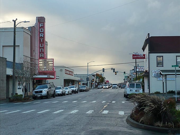 Fortuna's main street balances perfectly between redwood country charm and modern small-town convenience needs.