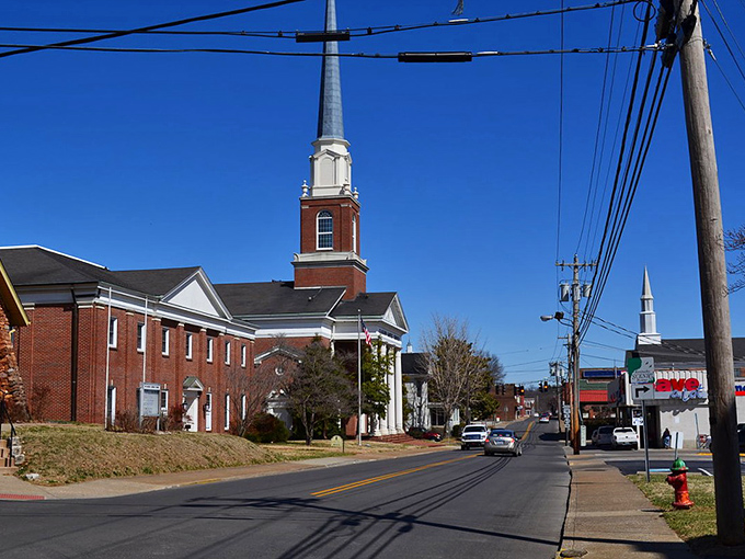 A stately brick church with a soaring steeple stands sentinel over Berea's main street, where faith and community intertwine.
