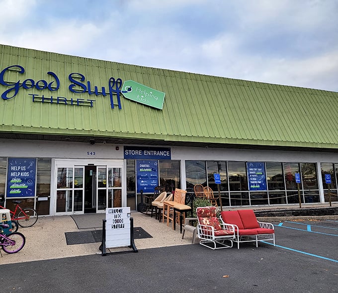 Good Stuff's bright green exterior and outdoor displays create an inviting atmosphere for treasure hunters.