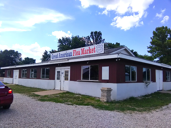 The Great American Flea Market's humble exterior belies its patriotic spirit. This red and white building houses countless American treasures.