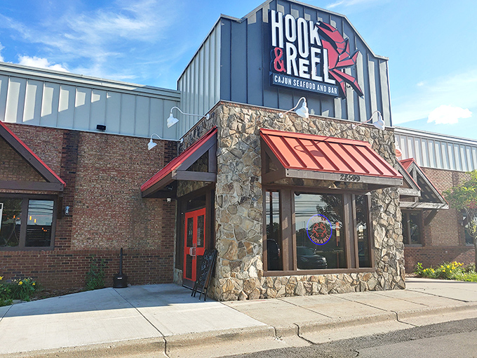 Hook & Reel's bold signage doesn't mess around&mdash;that crab means business, and so does the Cajun seafood waiting inside.