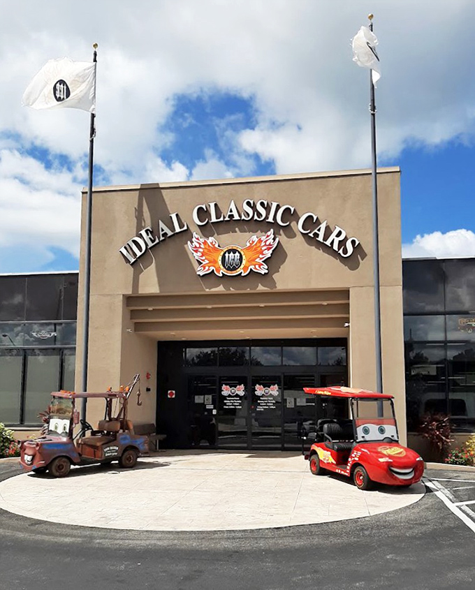 Ideal Classic Cars welcomes visitors with movie-famous characters, promising fun alongside serious automotive appreciation.