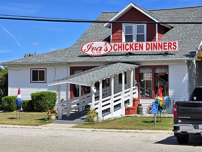 Iva's red-trimmed farmhouse looks exactly like where fried chicken dreams are born. Spoiler alert: they are!