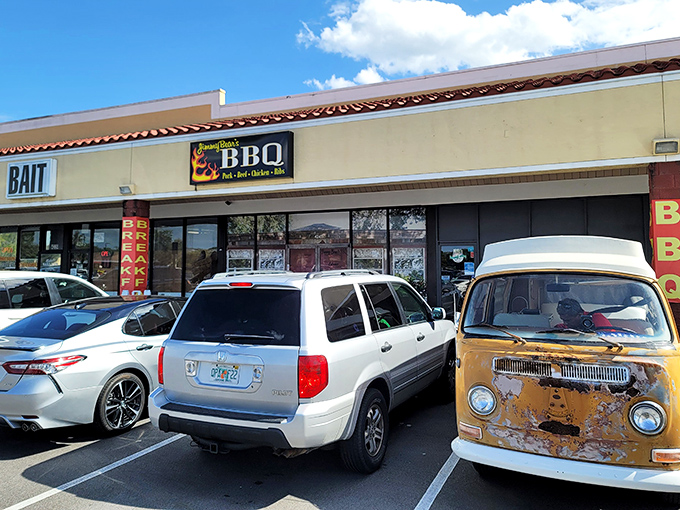 Strip mall on the outside, barbecue paradise on the inside. That vintage VW bus knows where the good stuff is.