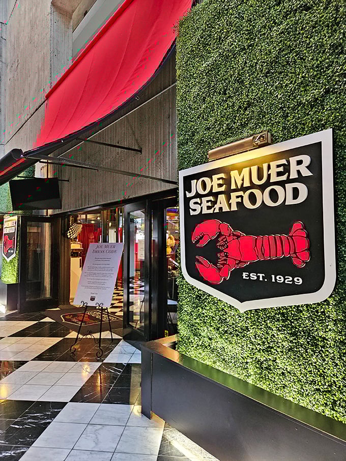 Joe Muer's sleek entrance hints at the sophisticated seafood experience waiting behind those modern glass doors.
