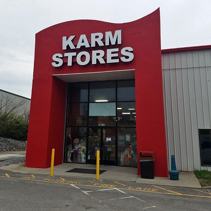 KARM's dramatic red entrance stands out like a superhero headquarters for secondhand shopping. 