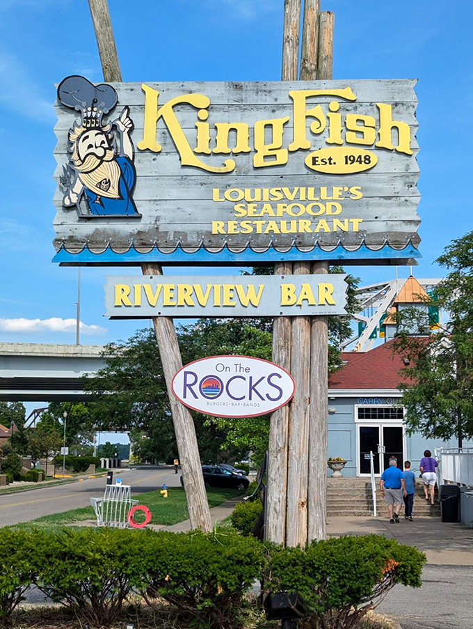 Weathered signs and riverside locations tell stories of authentic fishing culture that spans multiple generations beautifully.