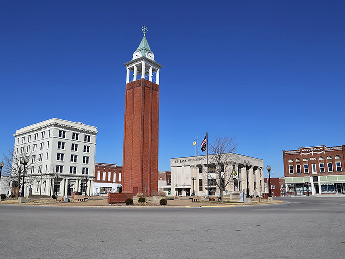 Marion's striking clock tower anchors a downtown square surrounded by neighborhoods where housing remains remarkably affordable.