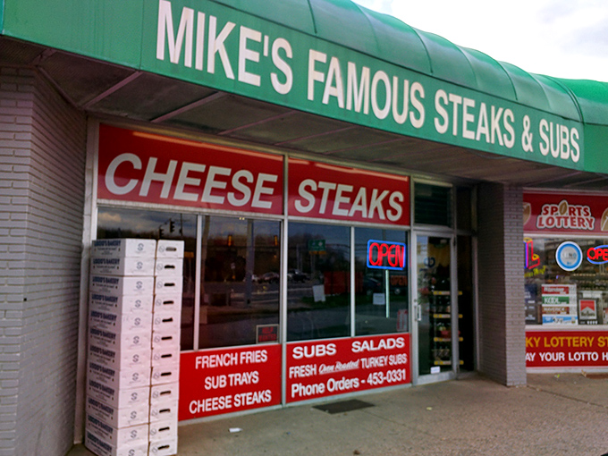 Green signage promising famous food at prices that won't require a second mortgage application.