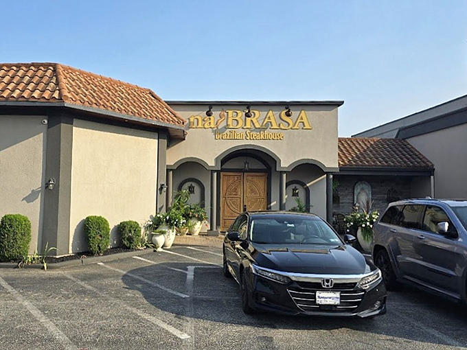 NaBrasa's Mediterranean-style exterior hints at the Brazilian feast waiting inside those doors.