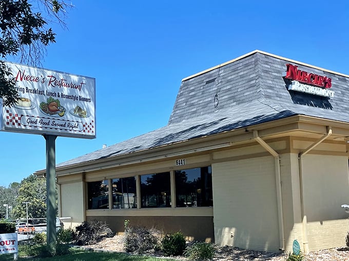 Niecie's sunny exterior promises bright flavors inside. That sign advertising "Good Food Served Right" isn't just clever wordplay&mdash;it's a mission statement!