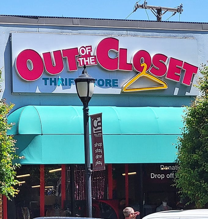 That turquoise awning signals you've found Dallas' most colorful thrift destination - Out of the Closet!