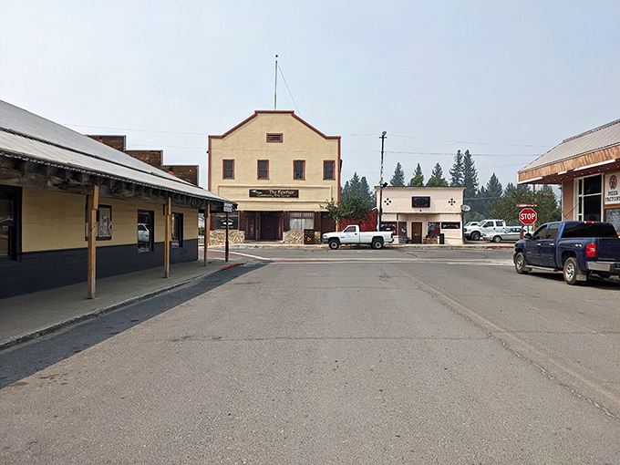 Feathered friend! Portola's hazy main street showcases "The Feather" building standing proudly, like the last contestant on a small-town reality show.