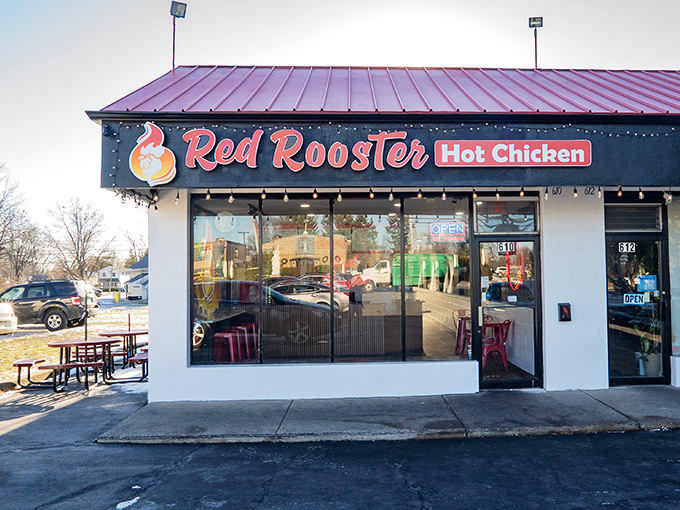 Red Rooster's clean, modern storefront houses some seriously traditional hot chicken. Don't let the simple exterior fool you&mdash;flavor fireworks await inside!