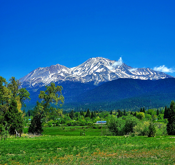 Shasta's towering Mount Shasta creates a dramatic backdrop for this quiet Northern California mountain community.