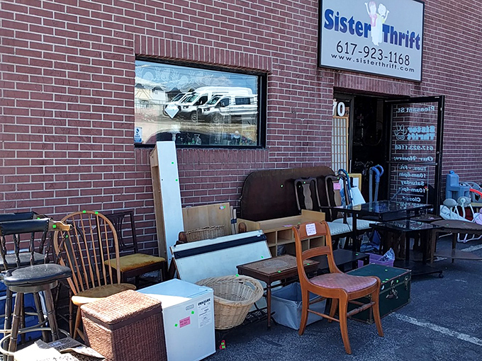 Sister Thrift's modest storefront and sidewalk furniture display &ndash; where one person's castoffs become another's treasures.