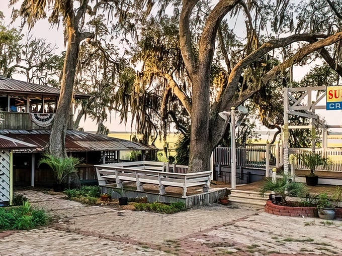 Sunbury Crab Company's weathered wood and Spanish moss &ndash; where time slows down and seafood memories are made.