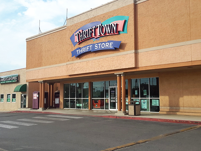 Welcome to Thrift Town, population: amazing deals! This tan fortress houses treasures waiting to be discovered.