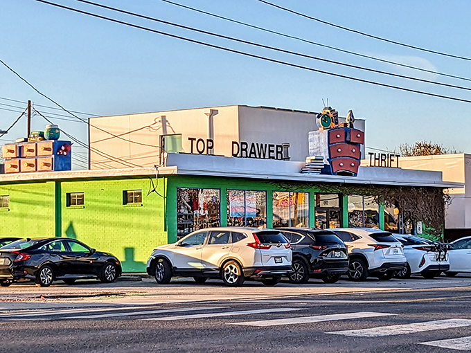 Top Drawer's whimsical exterior with dresser drawers on the roof perfectly captures the playful spirit of Austin's thrifting scene.