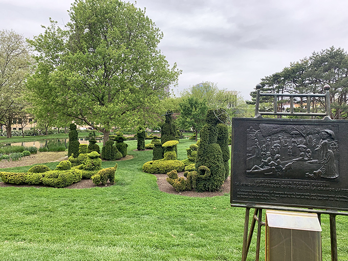 Topiary Park: Living art that grows more beautiful each season. These sculpted bushes recreate a masterpiece with leafy precision.
