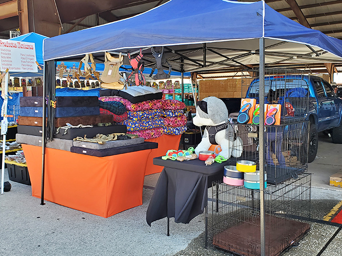 Toys, trinkets, and treasures! This outdoor vendor has created a mini department store under a simple blue tent.