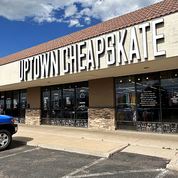 Uptown Cheapskate's bold signage announces this isn't your grandma's thrift store – it's fashion forward.