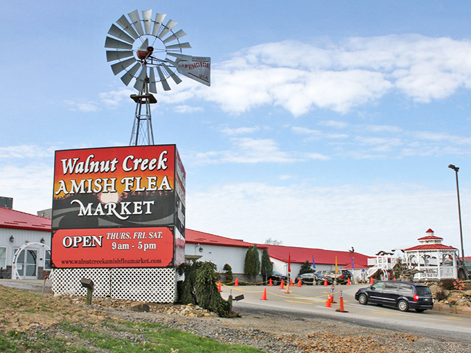 That windmill isn't just for show! Walnut Creek Amish Flea Market stands as a beacon for treasure hunters and bargain lovers.