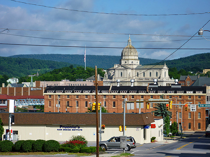 Church spires and brick buildings define Altoona's skyline, where tradition and affordability have coexisted for generations.
